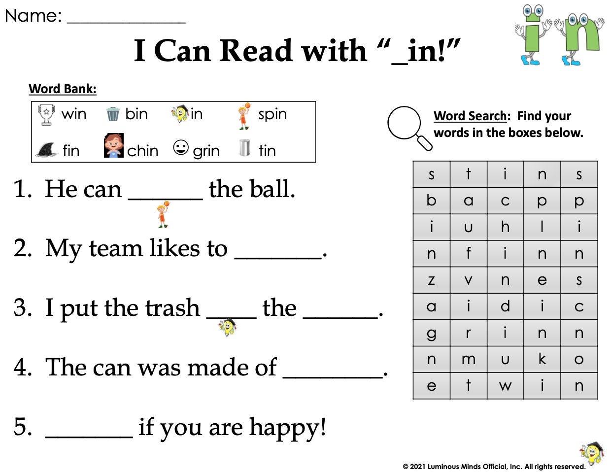 Word Family Activity Pack: the _in Family - Etsy