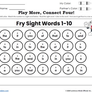 Fry Sight Words Connect Four Game | Reading Center (PDF Pattern) - Etsy