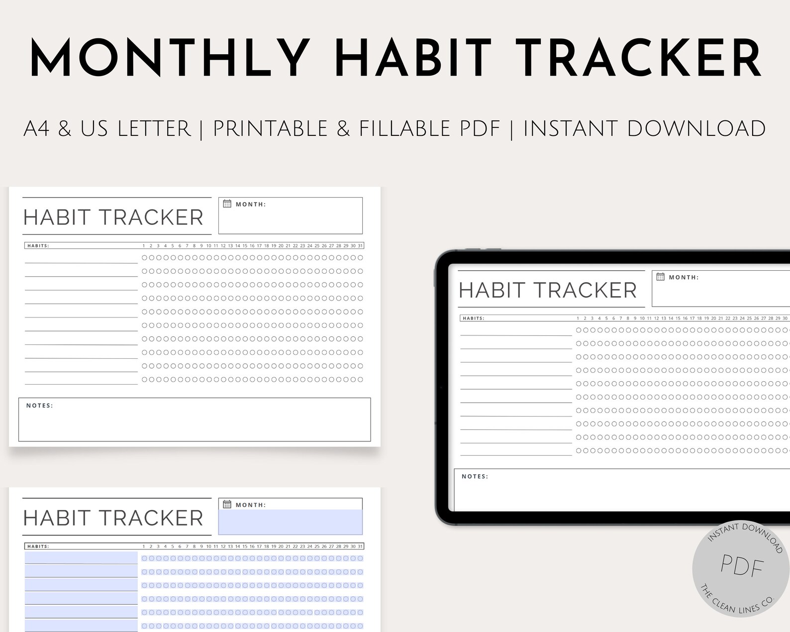 Monthly Habit Tracker | 30 Day Goal Tracking Sheet & Habit Log ...