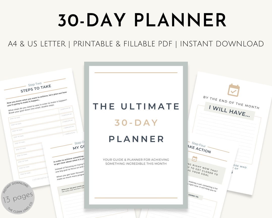 30 Day Planner | Guided Monthly Goal Setting Workbook With Undated 30 ...