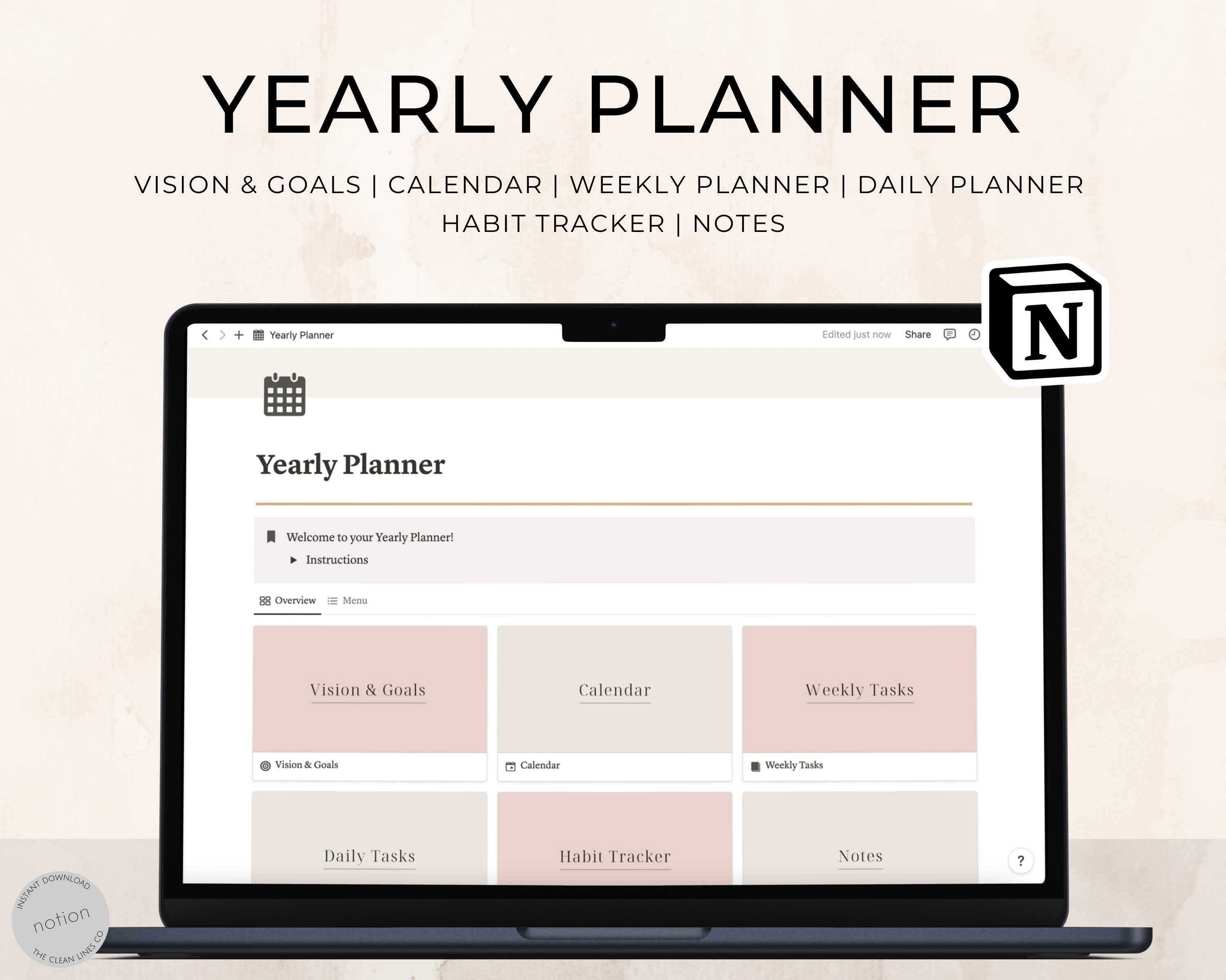 Notion Yearly Planner | Notion Template Weekly, Undated All in One ...
