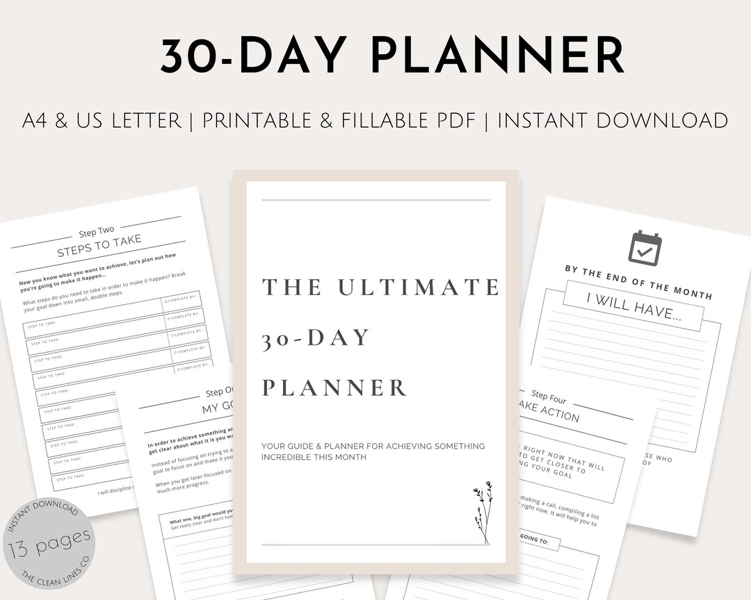 30 Day Planner | Guided Monthly Goal Setting Workbook With Undated 30 ...