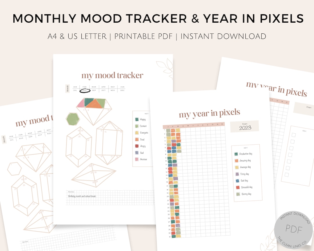 Mood Tracker & Year in Pixels | Monthly Mood Tracker and A Year in ...