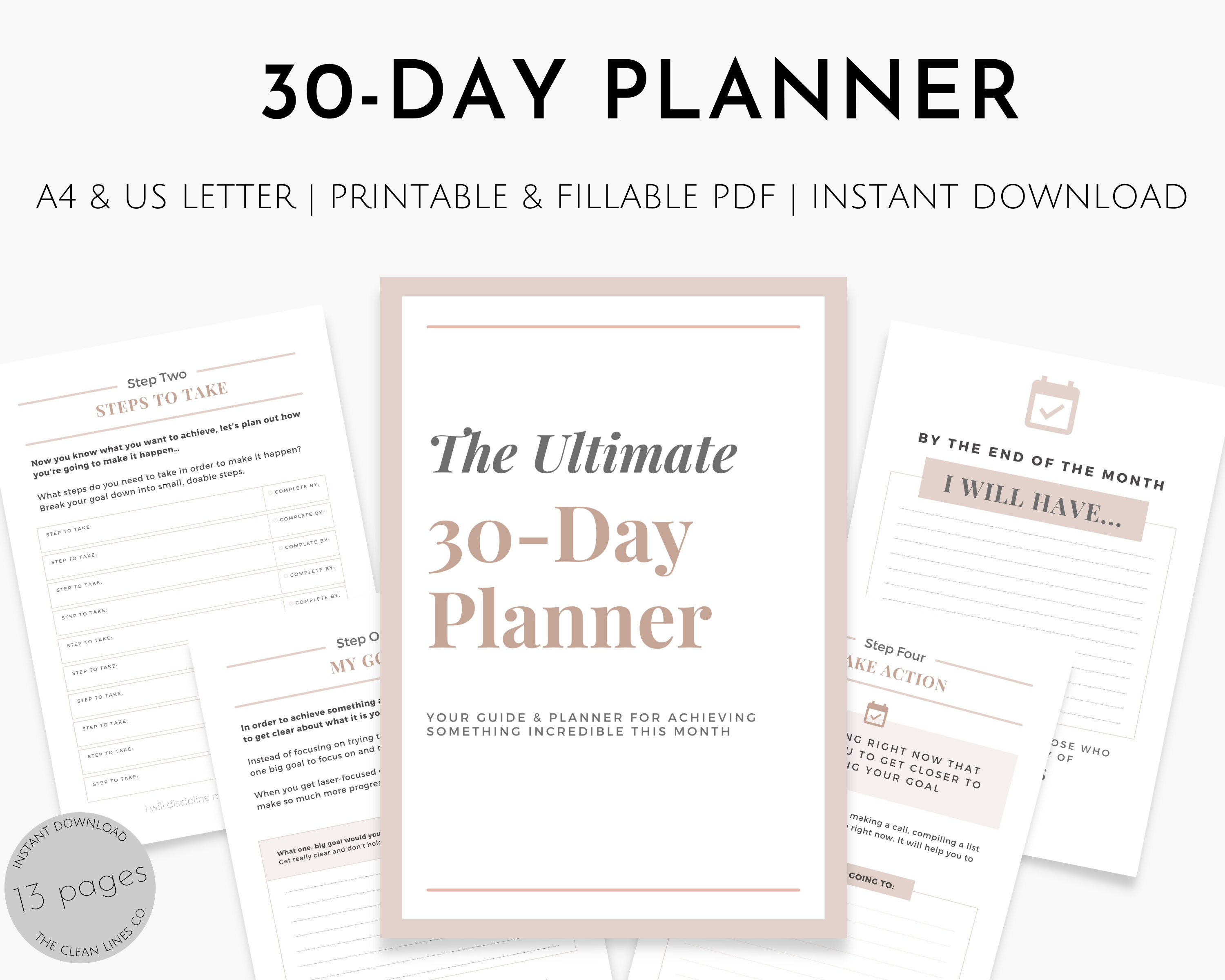 30 Day Planner | Guided Monthly Goal Setting Workbook With Undated 30 ...