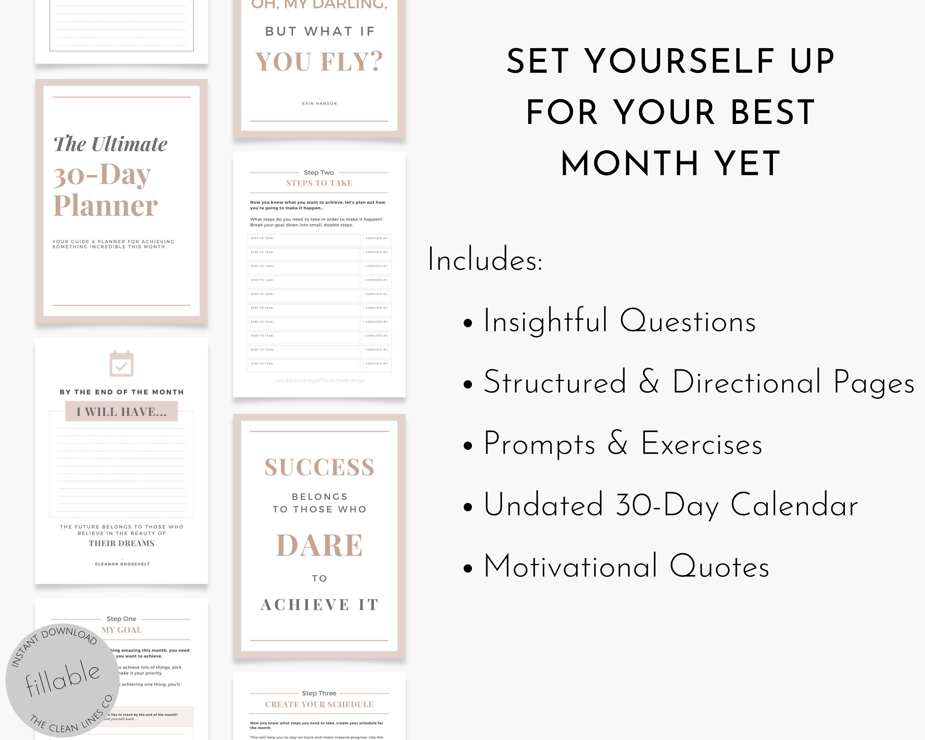 30 Day Planner | Guided Monthly Goal Setting Workbook With Undated 30 ...