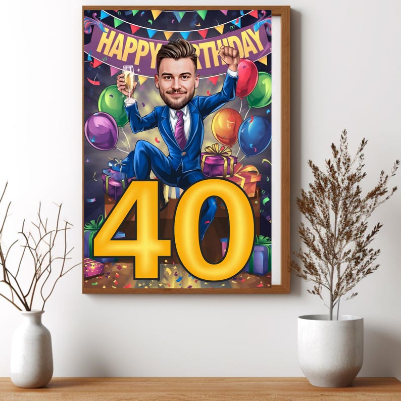 40th Birthday Caricature Custom Portrait Digital Art Personalized Photo ...