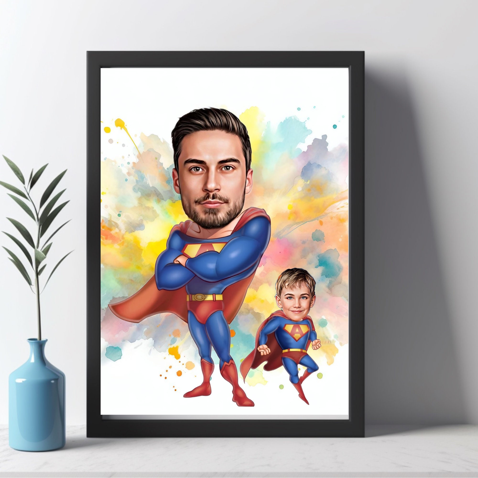 Custom Super Dad and Son Cartoon Portrait, Super Dad Portrait, Dad's ...