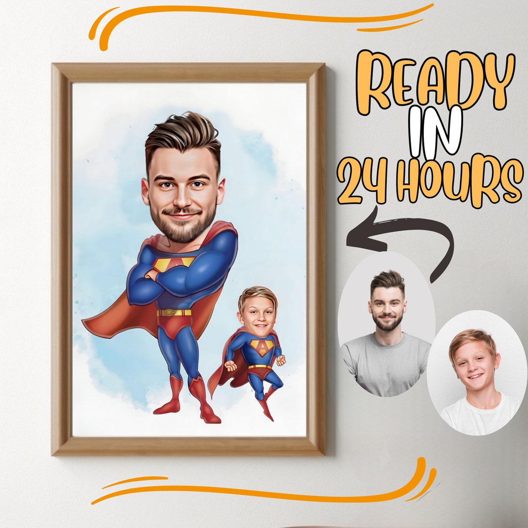 Custom Super Dad and Son Cartoon Portrait, Super Dad Portrait, Dad's ...