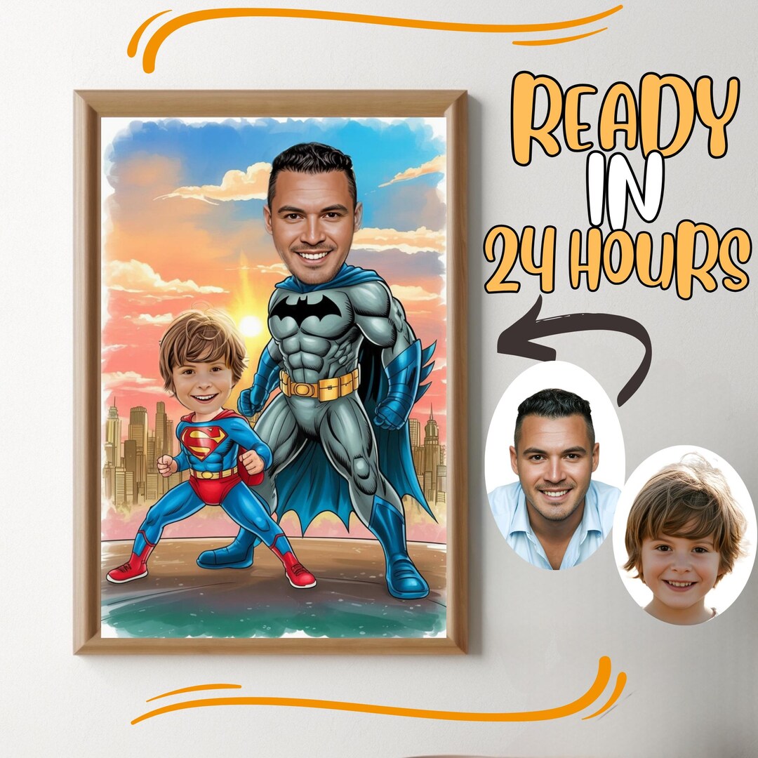 Custom Super Dad and Son Cartoon Portrait, Super Dad Portrait, Dad's ...