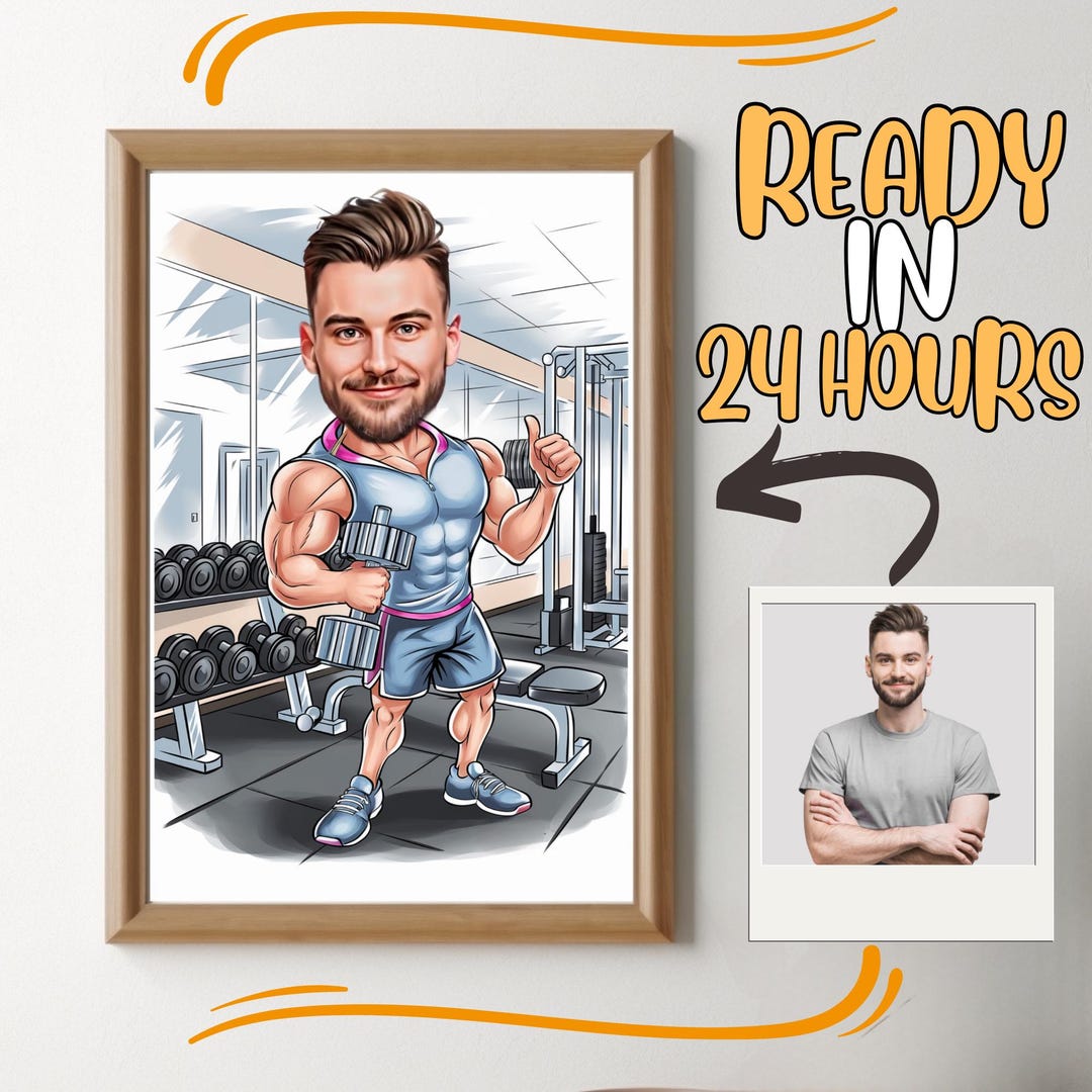 Personalized Fitness Cartoon Portrait, Custom Weightlifter Caricature ...