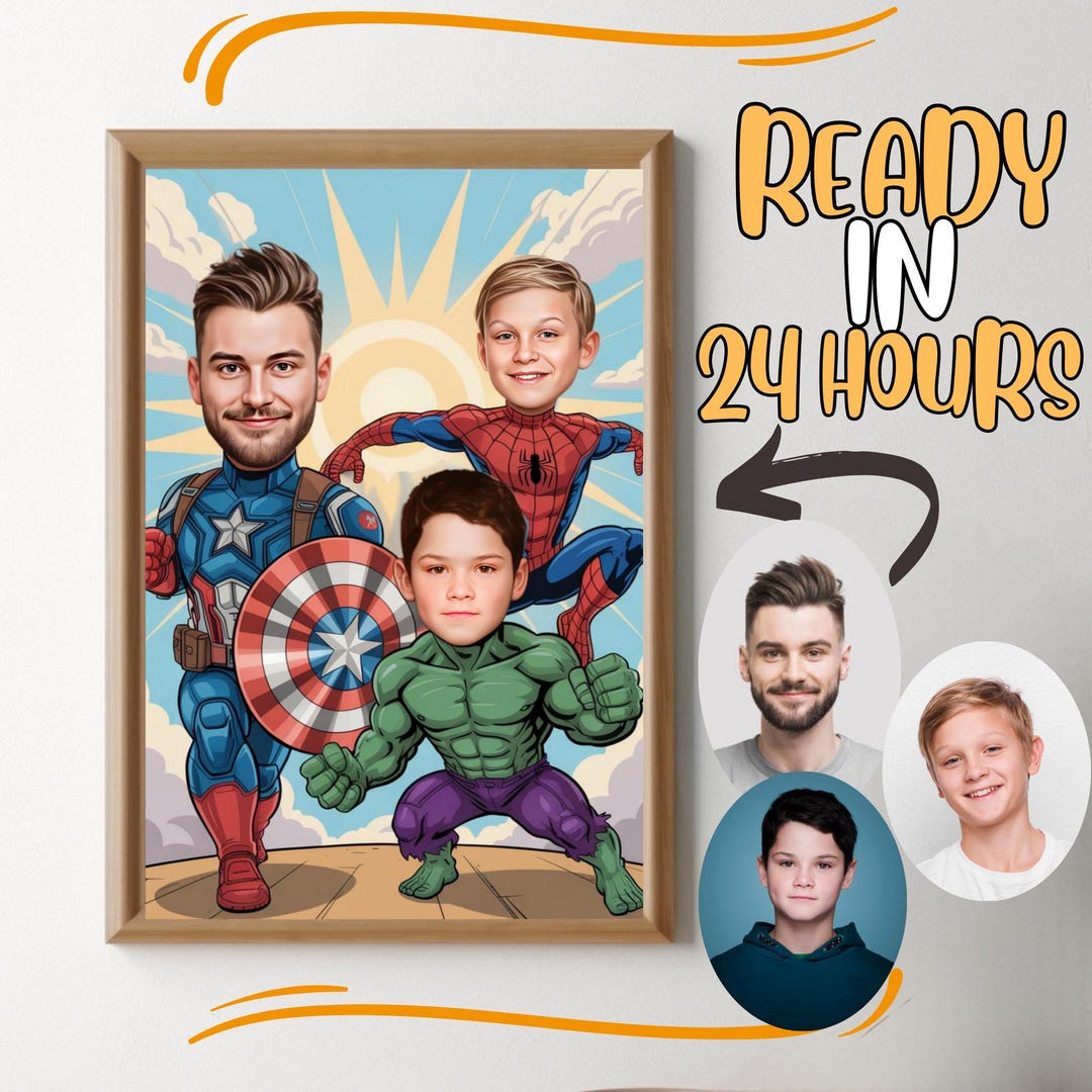Custom Super Dad and Son Cartoon Portrait, Super Dad Portrait, Dad's ...