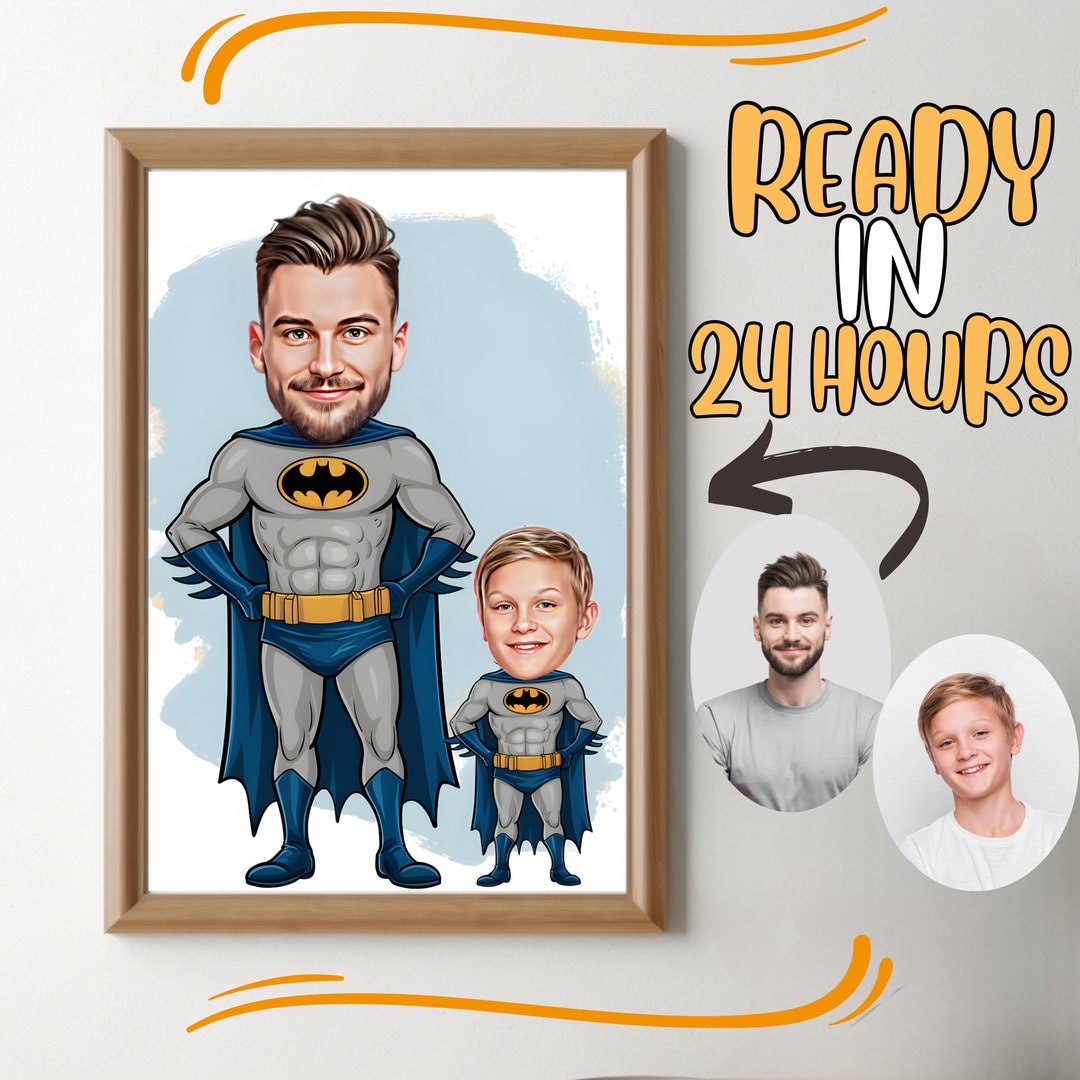 Custom Super Dad and Son Cartoon Portrait, Super Dad Portrait, Dad's ...