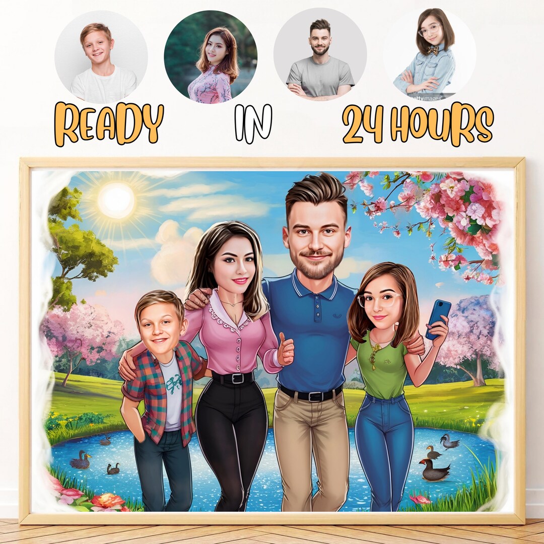 Custom Family Cartoon Portrait: Personalized Caricature Gift (digital ...