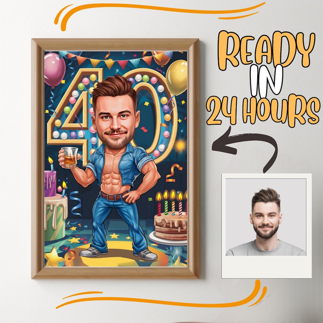 40th Birthday Caricature: Personalized Photo to Cartoon Gift (digital ...