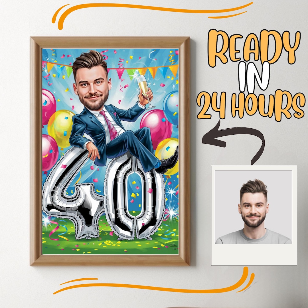40th Birthday Caricature Gift: Personalized Photo to Cartoon (digital ...