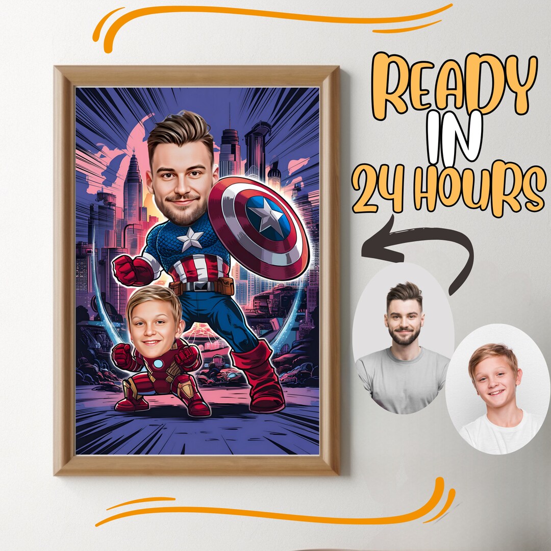 Custom Super Dad and Son Superhero Caricature Portrait (digital ...