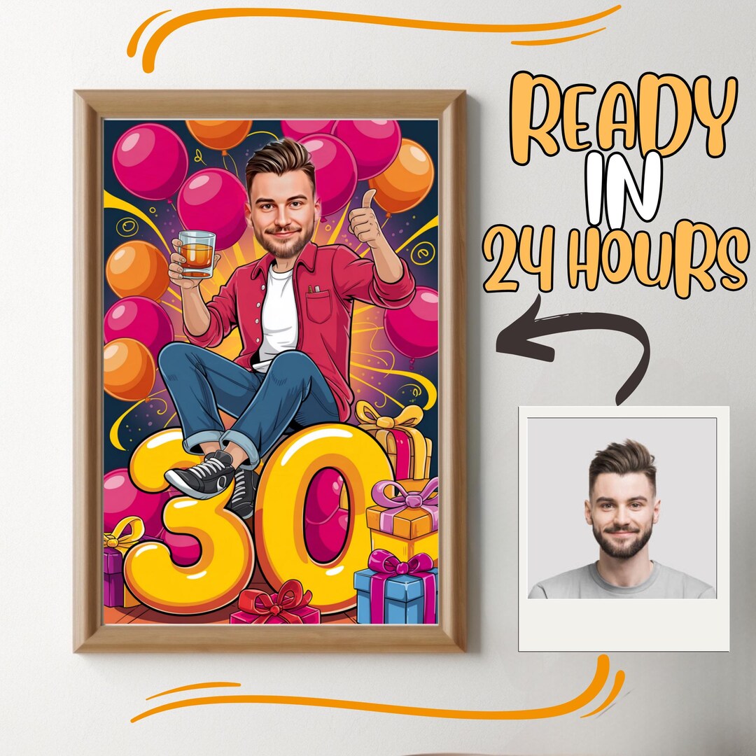 30th Birthday Caricature Custom Portrait Digital Art Personalized Photo ...