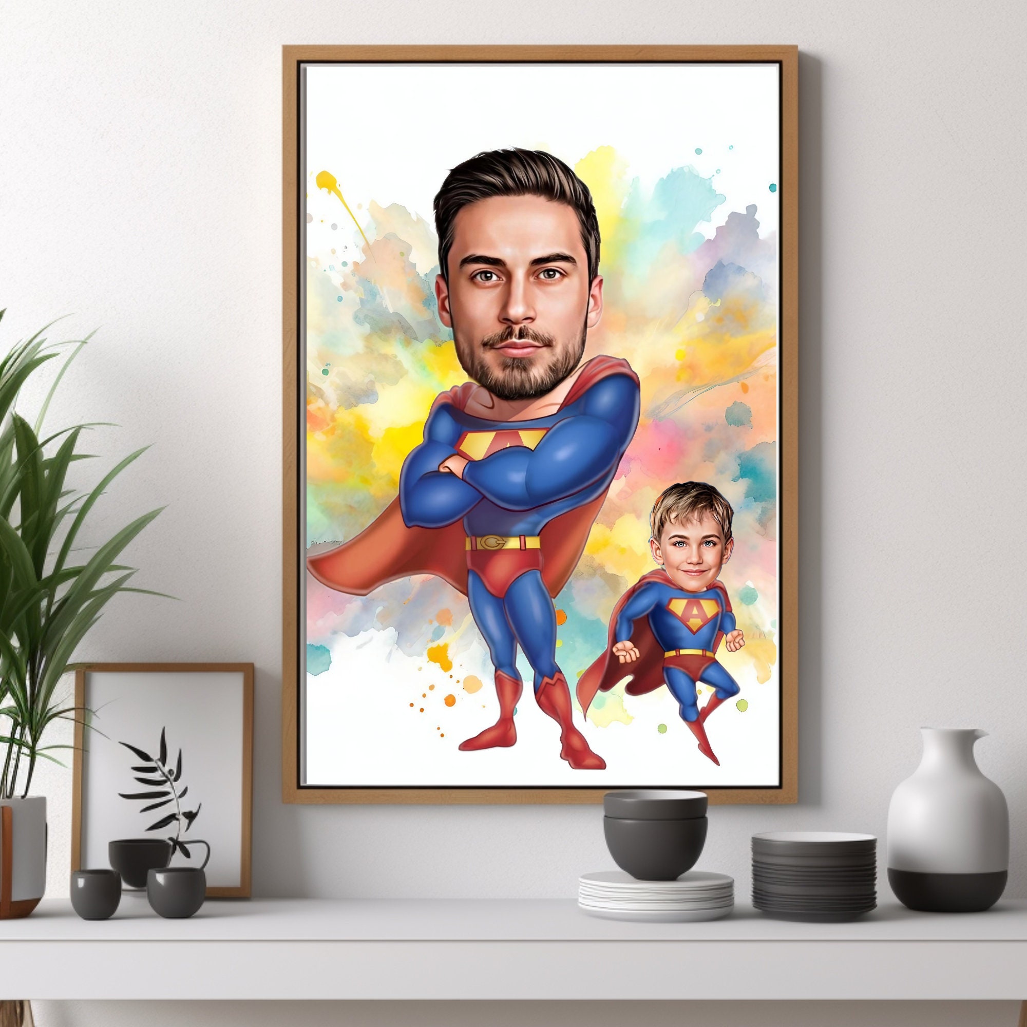 Custom Super Dad and Son Cartoon Portrait, Super Dad Portrait, Dad's ...