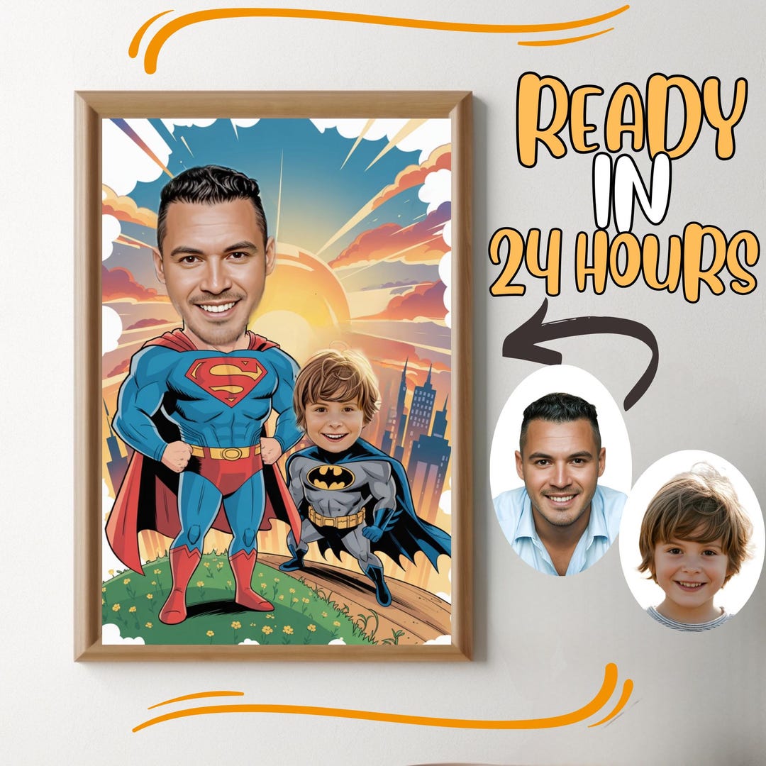 Custom Super Dad and Son Cartoon Portrait, Super Dad Portrait, Dad's ...