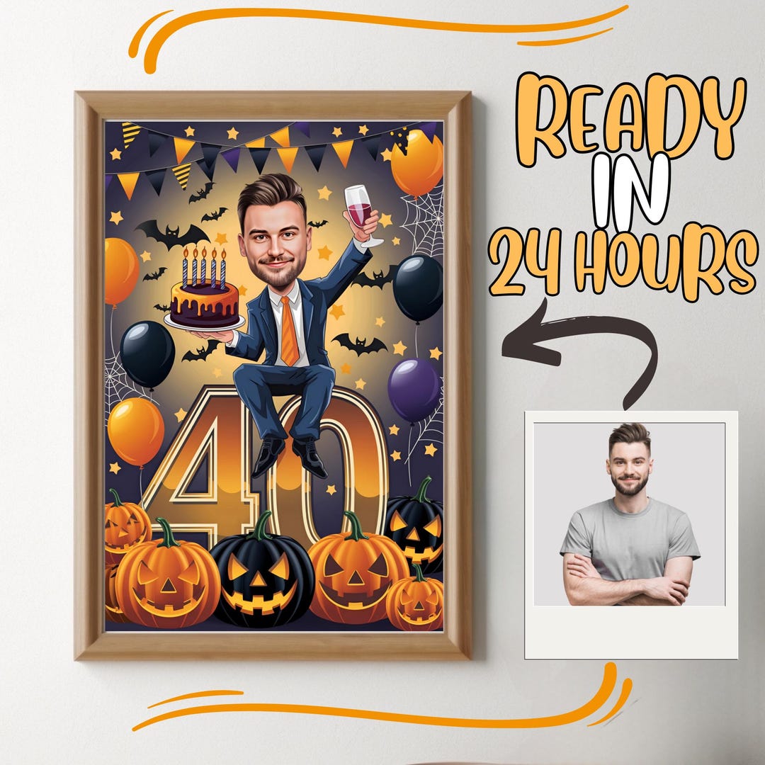 40th Birthday Caricature Gift: Personalized Photo to Cartoon (digital ...