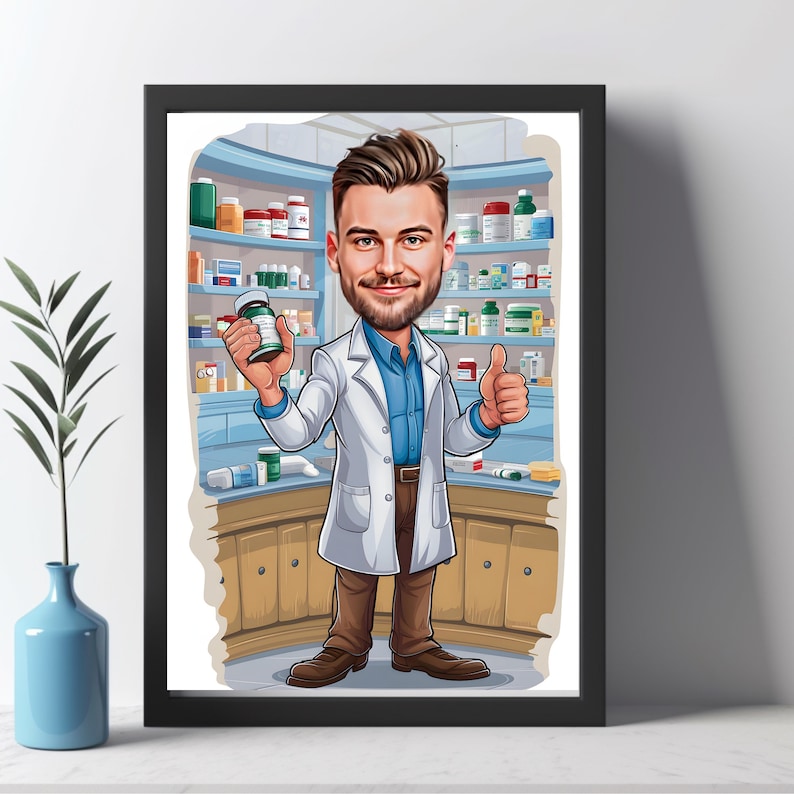 Custom Male Pharmacist Cartoon Portrait: Personalized Caricature Gift ...