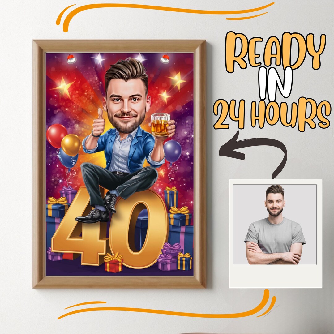 40th Birthday Caricature Gift: Personalized Photo to Cartoon (digital ...