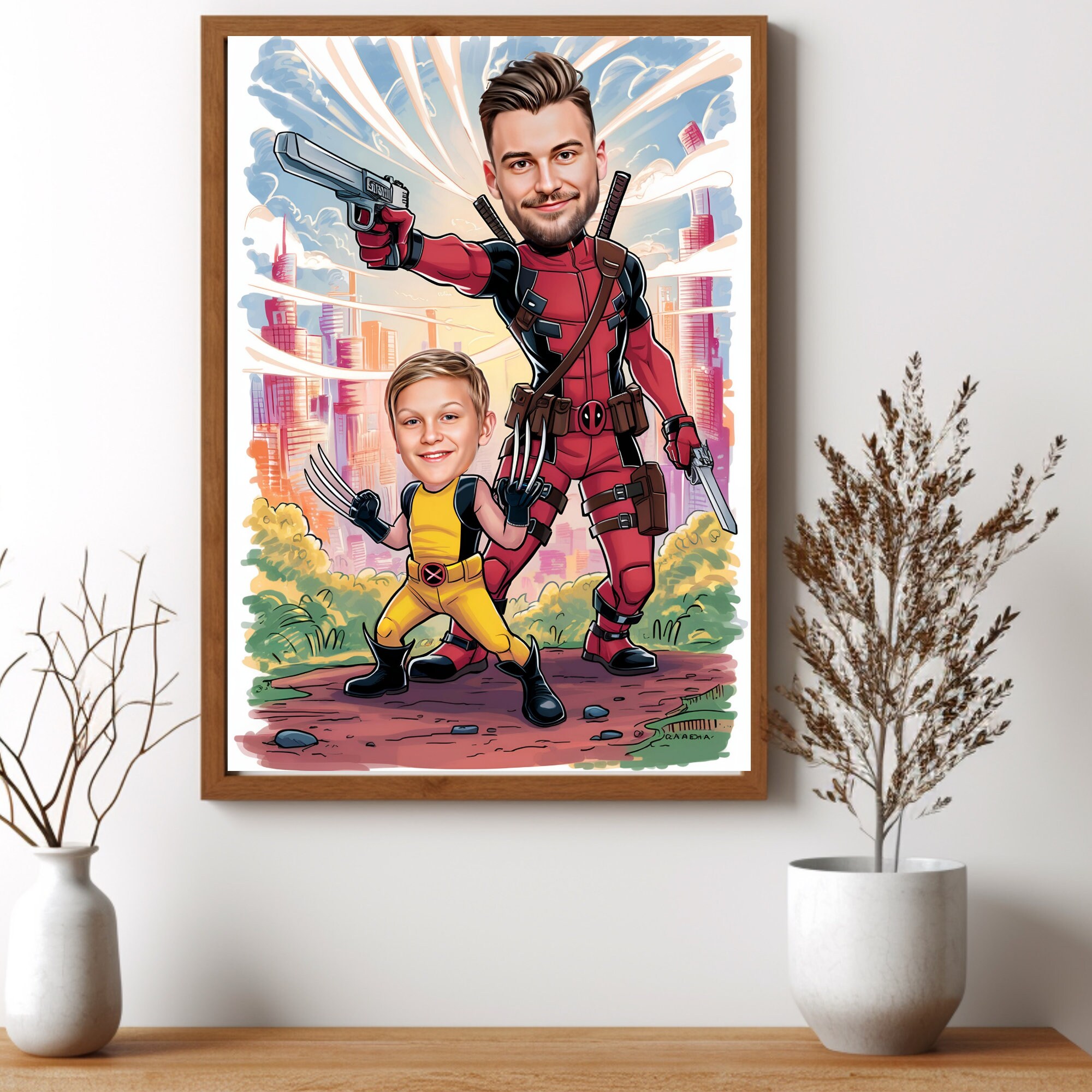 Custom Super Dad and Son Cartoon Portrait, Super Dad Portrait, Dad's ...