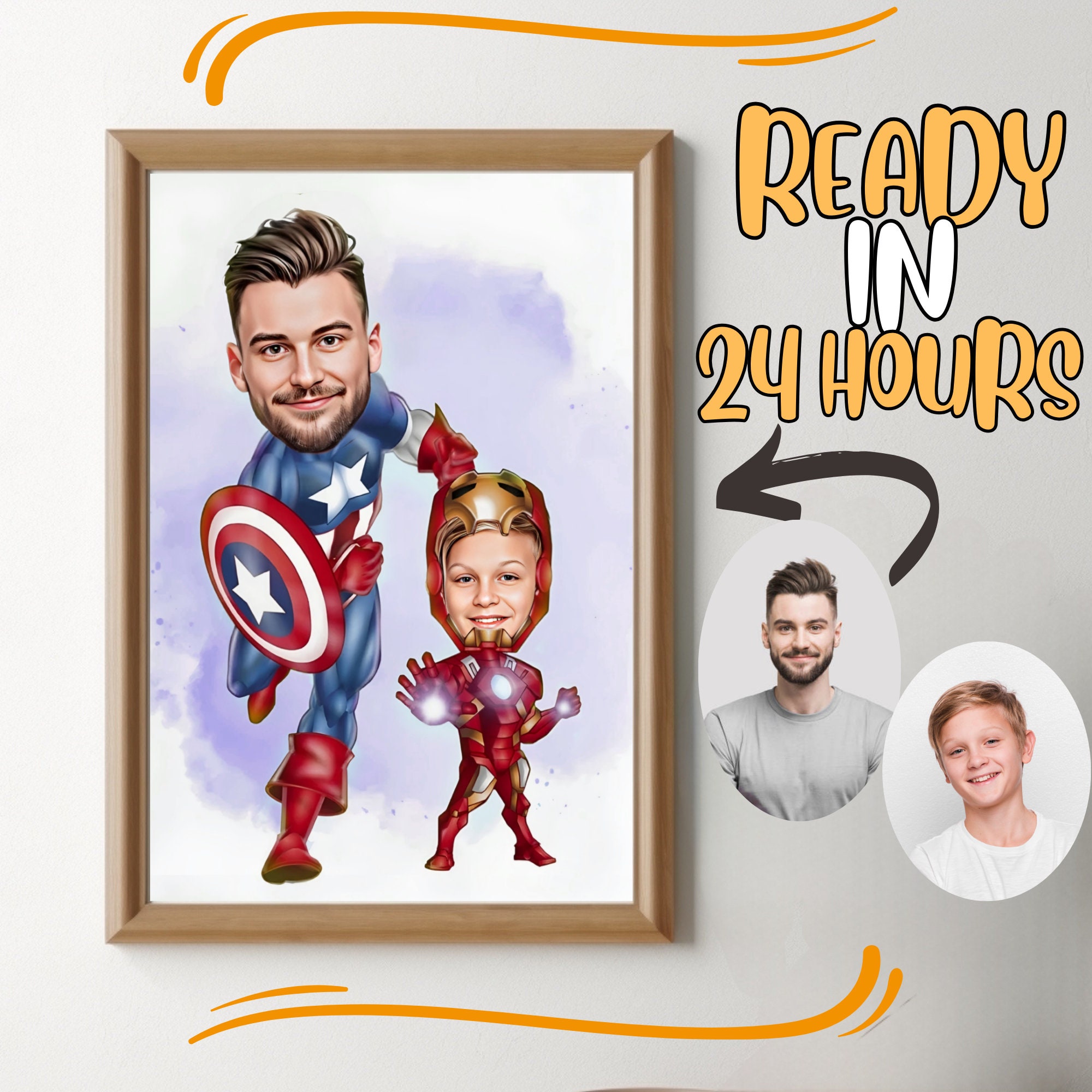 Custom Super Dad and Son Cartoon Portrait, Super Dad Portrait, Dad's ...