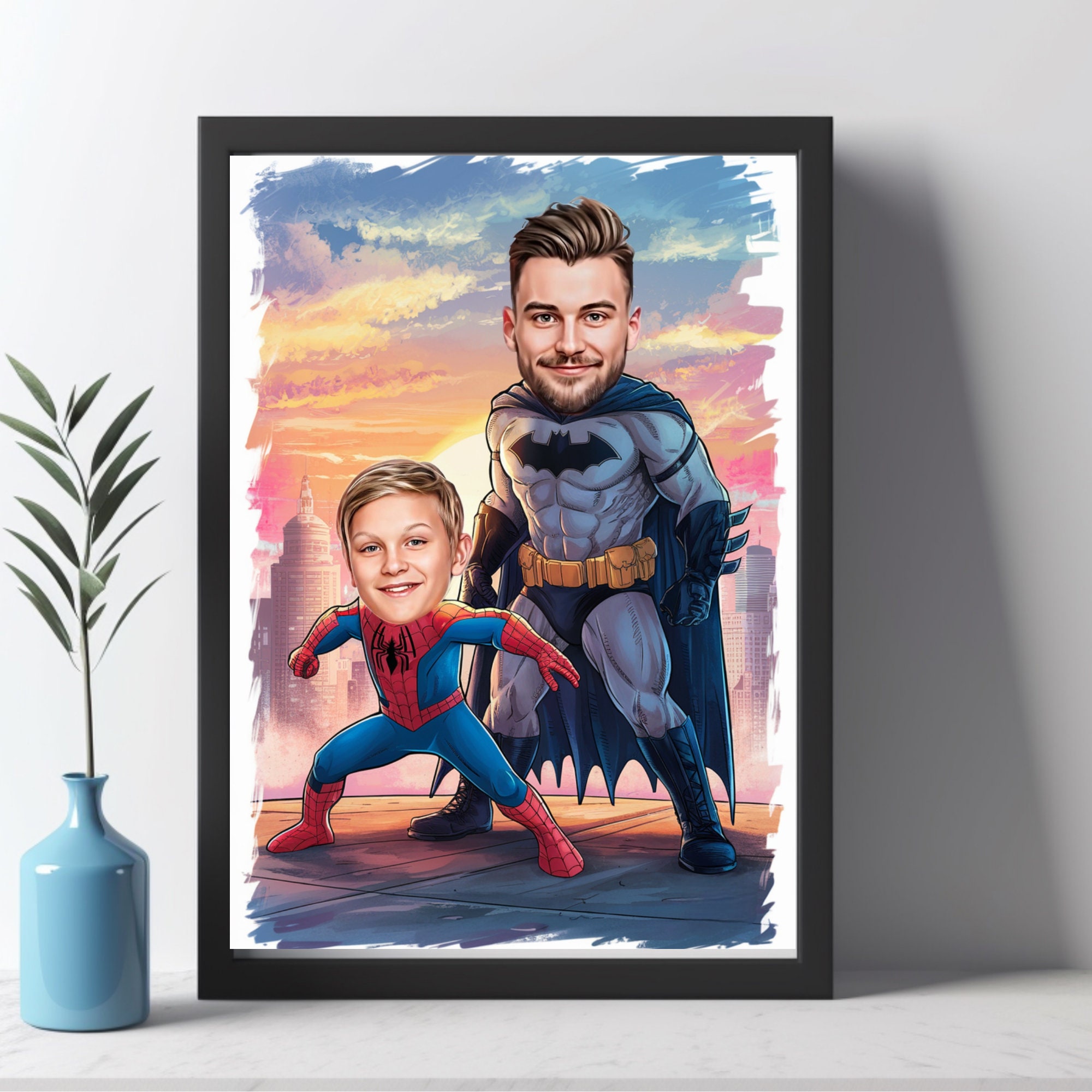 Custom Super Dad and Son Cartoon Portrait, Super Dad Portrait, Dad's ...