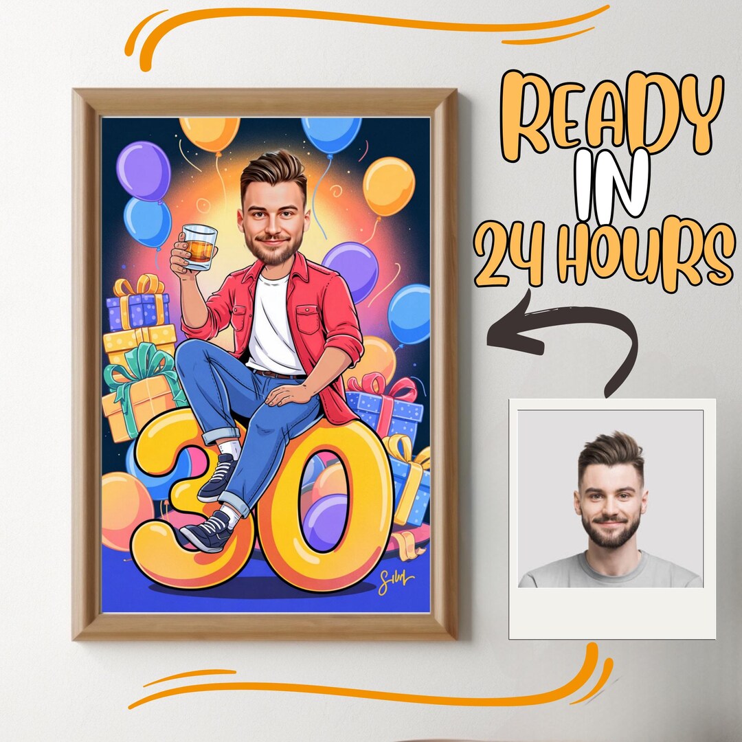 30th Birthday Caricature Custom Portrait Digital Art Personalized Photo ...