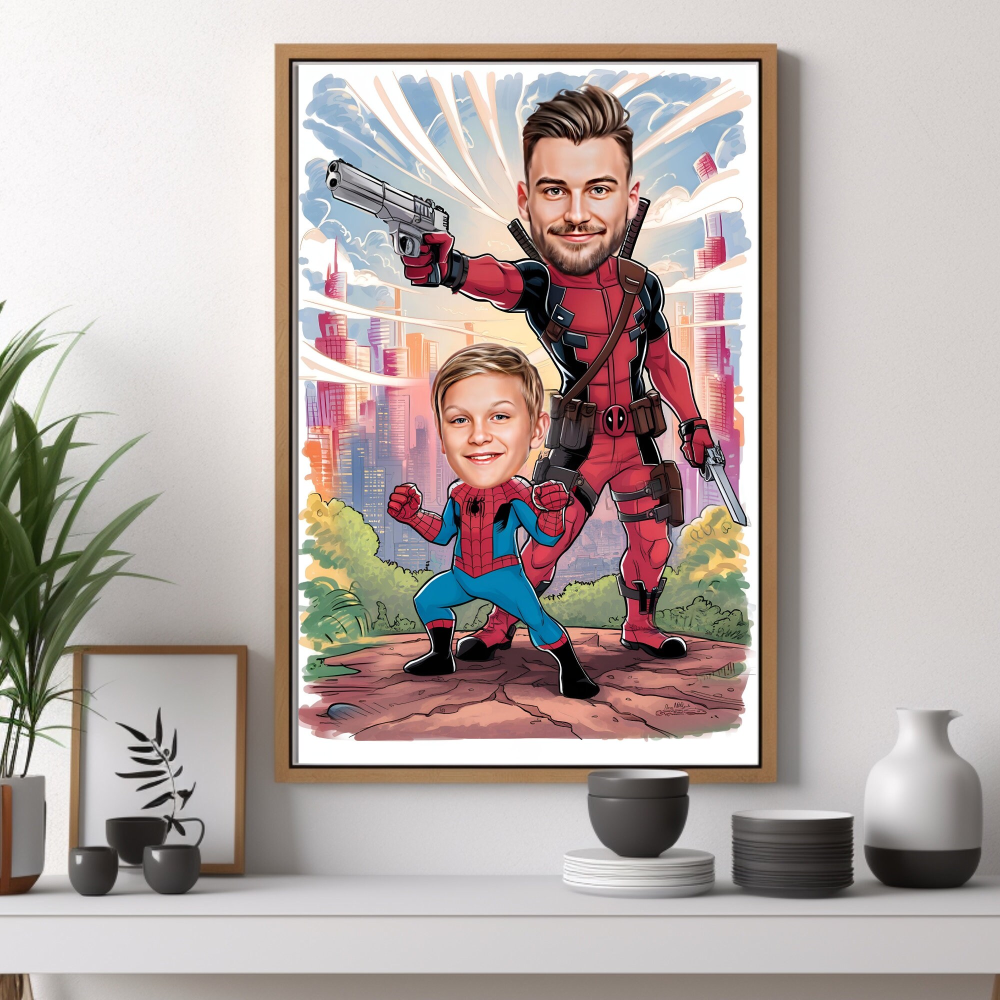 Custom Super Dad and Son Cartoon Portrait, Super Dad Portrait, Dad's ...