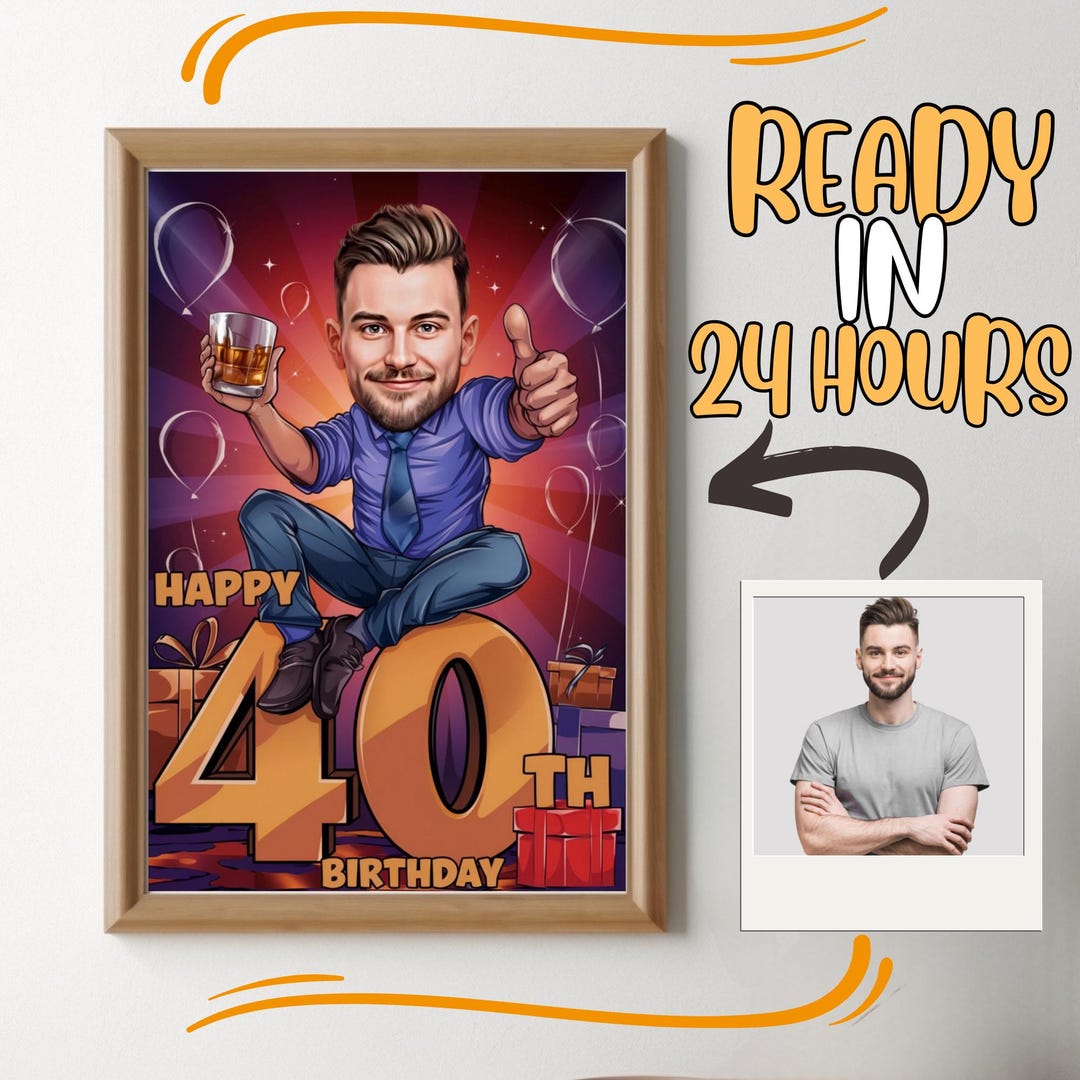 40th Birthday Caricature Gift: Personalized Photo to Cartoon (digital ...