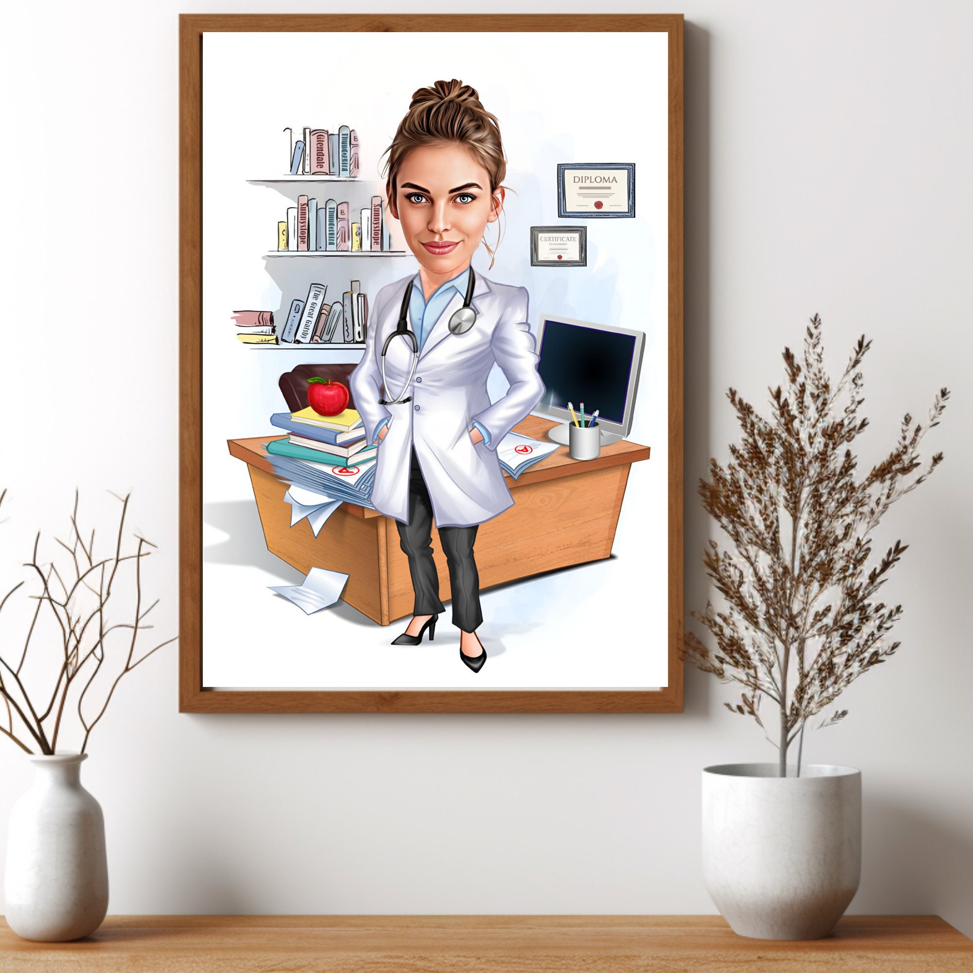 Personalized Female Doctor Cartoon Portrait, Custom Doctor Caricature ...
