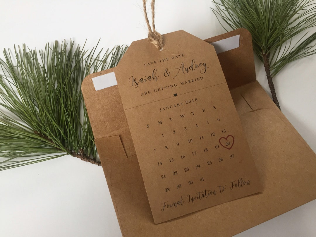 Magnetic Save the Dates Tag Calendar and Envelope– Rustic, Kraft Brown ...