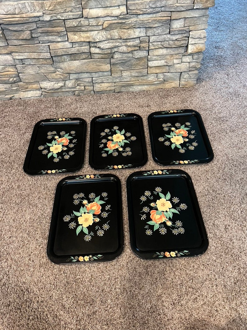 Vintage Black Floral Metal Lap TV Serving Tray 4 Available 11x14 - Etsy