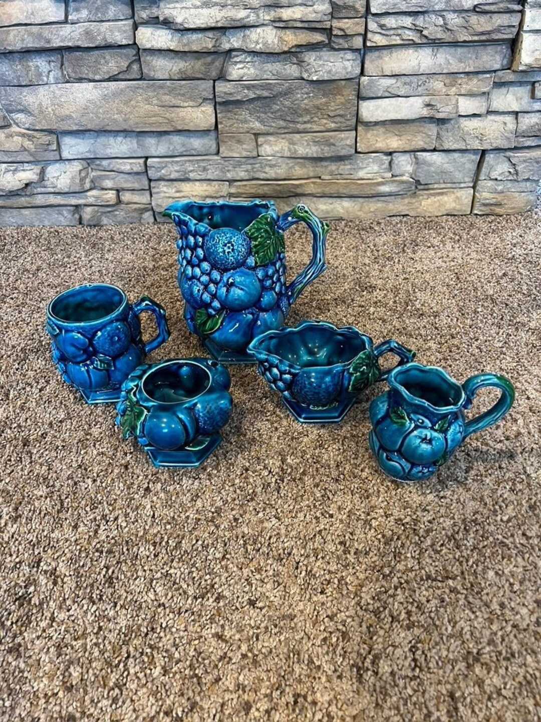 Vintage Inarco Mood Indigo Blue Fruit Design Lot Pitcher, Creamer ...
