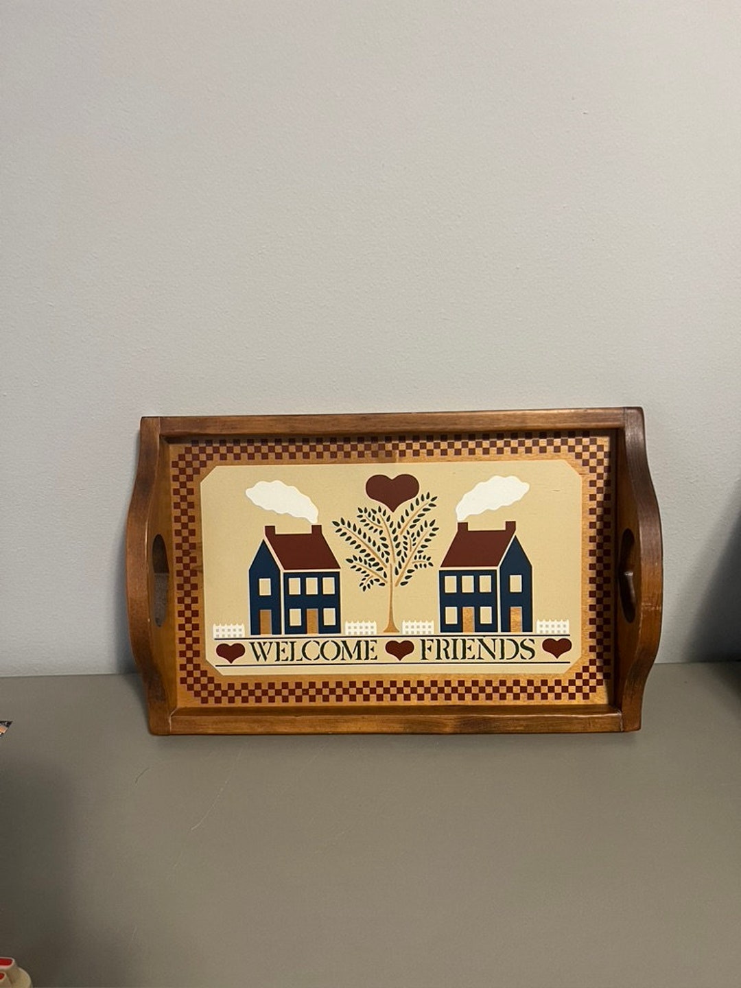 Vintage Welcome Friends Wooden Serving Tray With Heart-shaped - Etsy