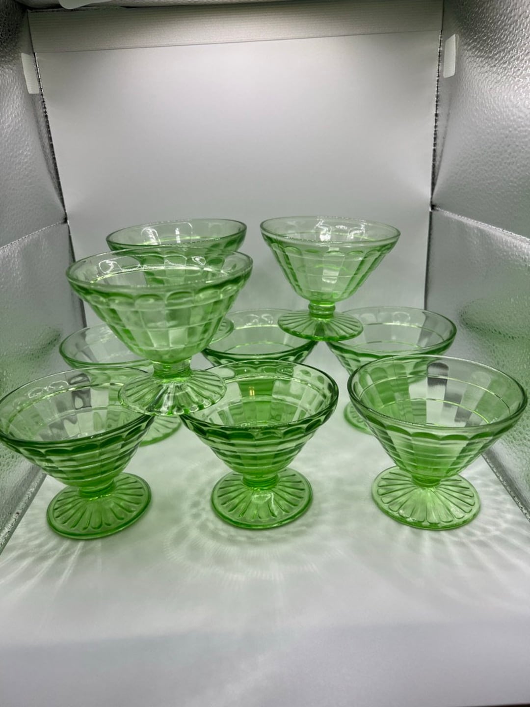 Vintage URANIUM Green Glass Ice Cream Sundae Cups Short Stem Set of 9 ...