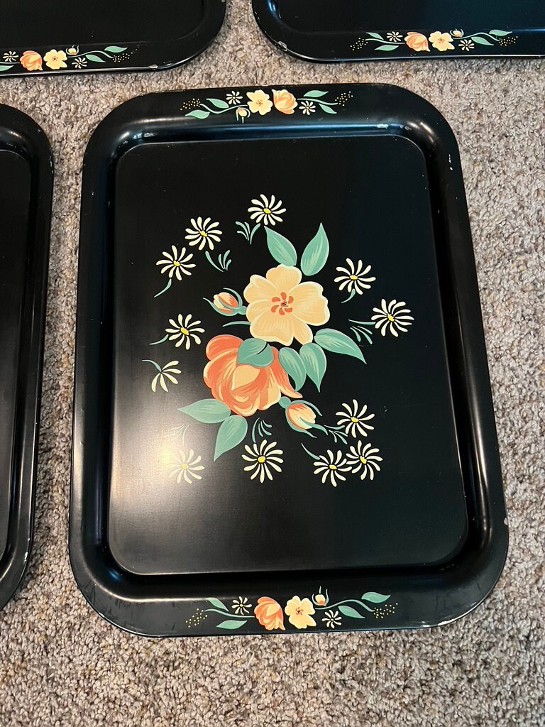Vintage Black Floral Metal Lap TV Serving Tray 4 Available 11x14 - Etsy