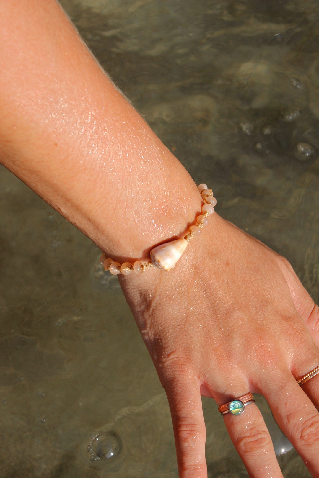 Handmade Shell and Crystal Adjustable Bracelet // Handpicked Cone ...