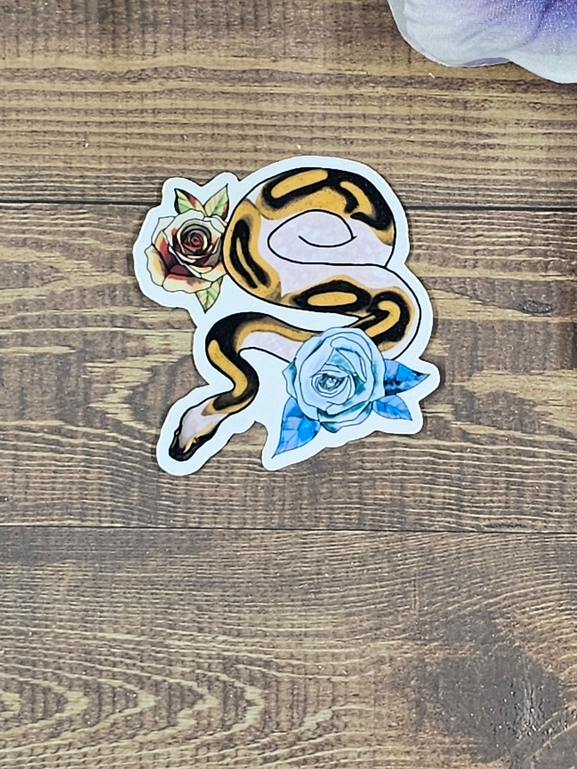 Piebald Ball Python Sticker, Cute Snake Sticker With Roses, Handmade ...