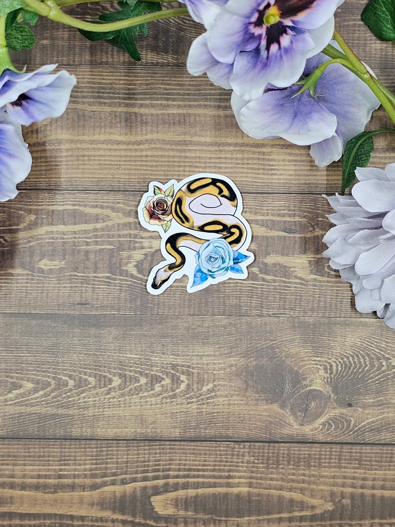 Piebald Ball Python Sticker, Cute Snake Sticker With Roses, Handmade ...