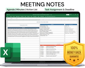 Meeting Minutes Planner Excel Template Action Items Agenda Organize ...