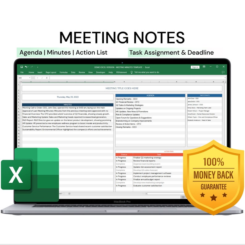 Meeting Notes Excel Template Agenda Minutes Action List - Etsy