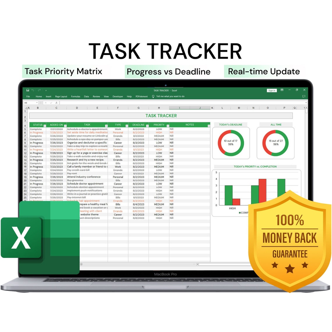 Task Tracker Excel Template Etsy