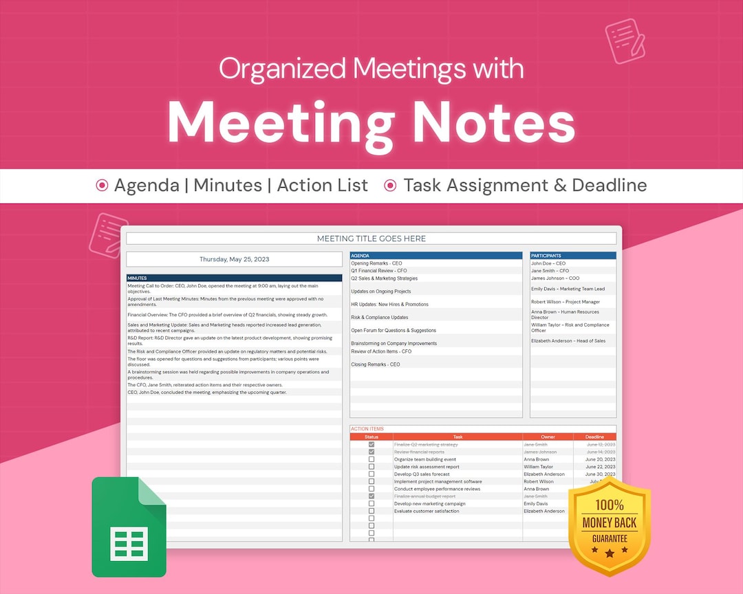 Meeting Notes Template Agenda Minutes Action List Google Sheet Template ...