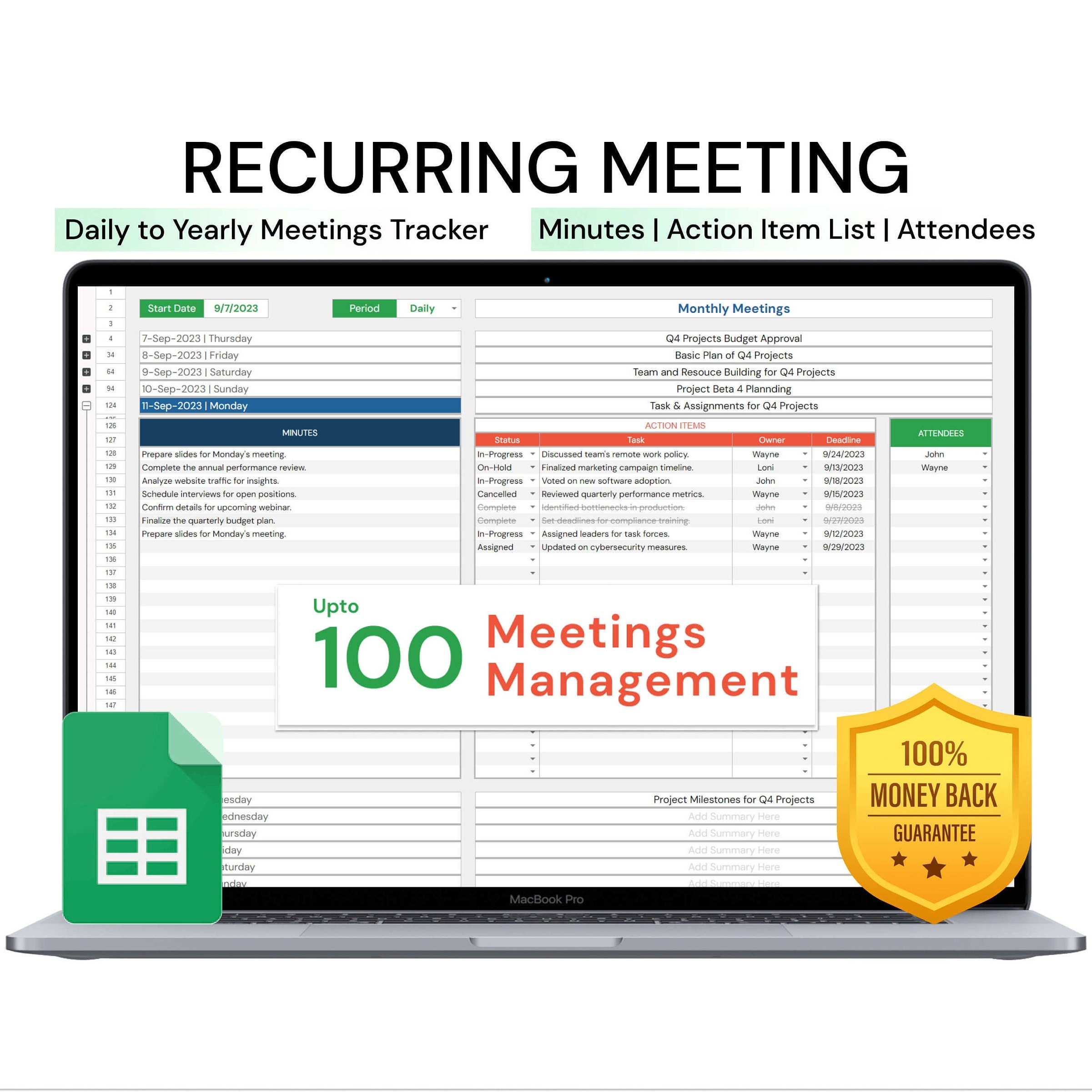 Recurring Meeting Template | Agenda | Minutes | Action List | Google ...