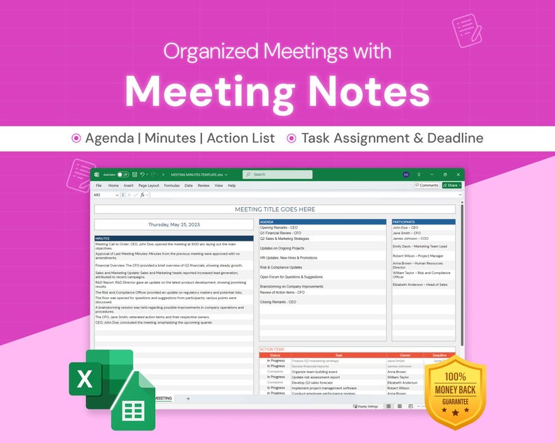 Meeting Notes Excel Template | Agenda | Minutes | Action List - Etsy