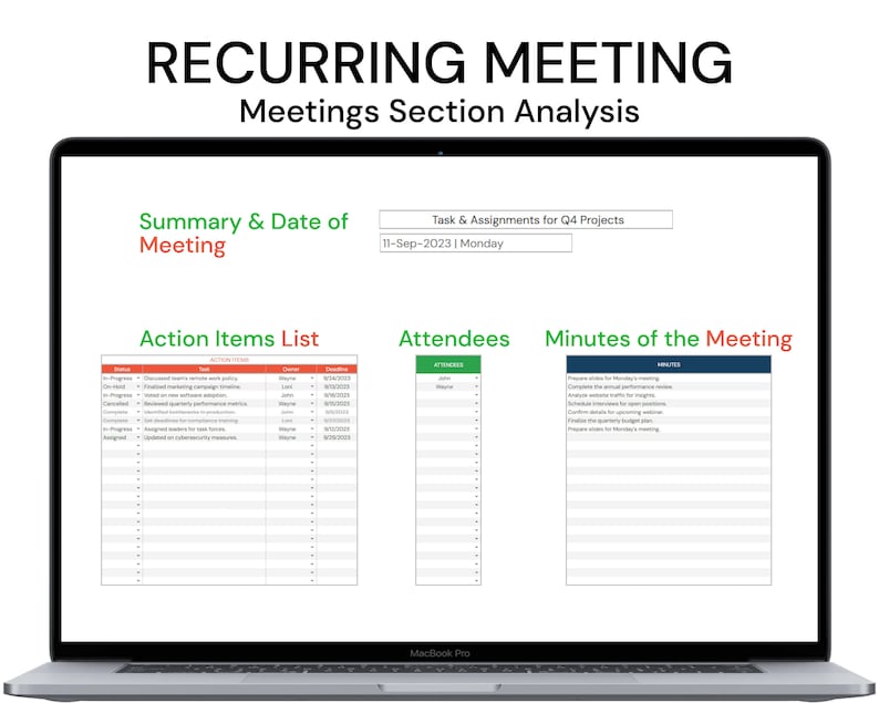 Recurring Meeting Template | Agenda | Minutes | Action List | Excel ...