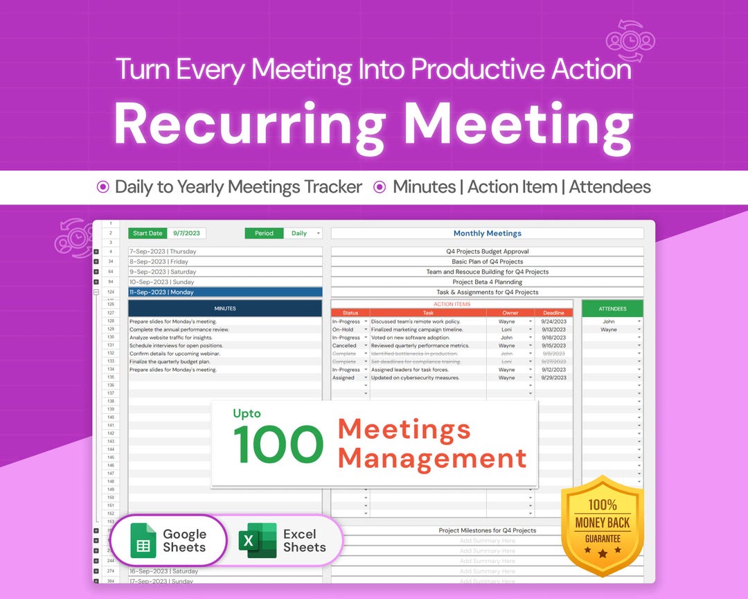Recurring Meeting Template | Minutes, Agenda & Action Itemlist Tracker ...